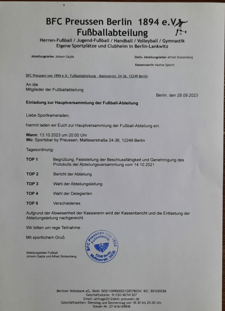 BFC Fussballabteilung lädt ein – BFC-Preussen von 1894 e.V.
